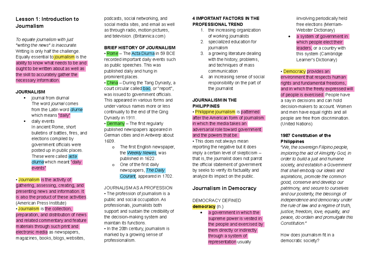 CJ 101: Lesson 1 - Introduction to Journalism and Its Importance - Studocu