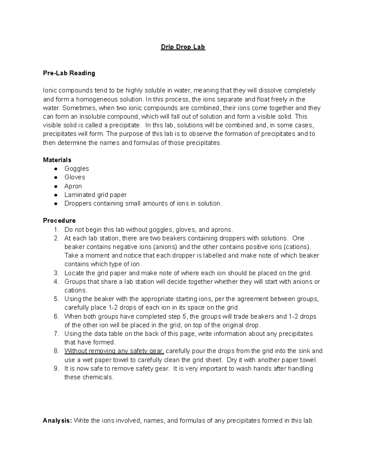 Drip Drop Lab - A Lab - Drip Drop Lab Pre-Lab Reading Ionic compounds ...