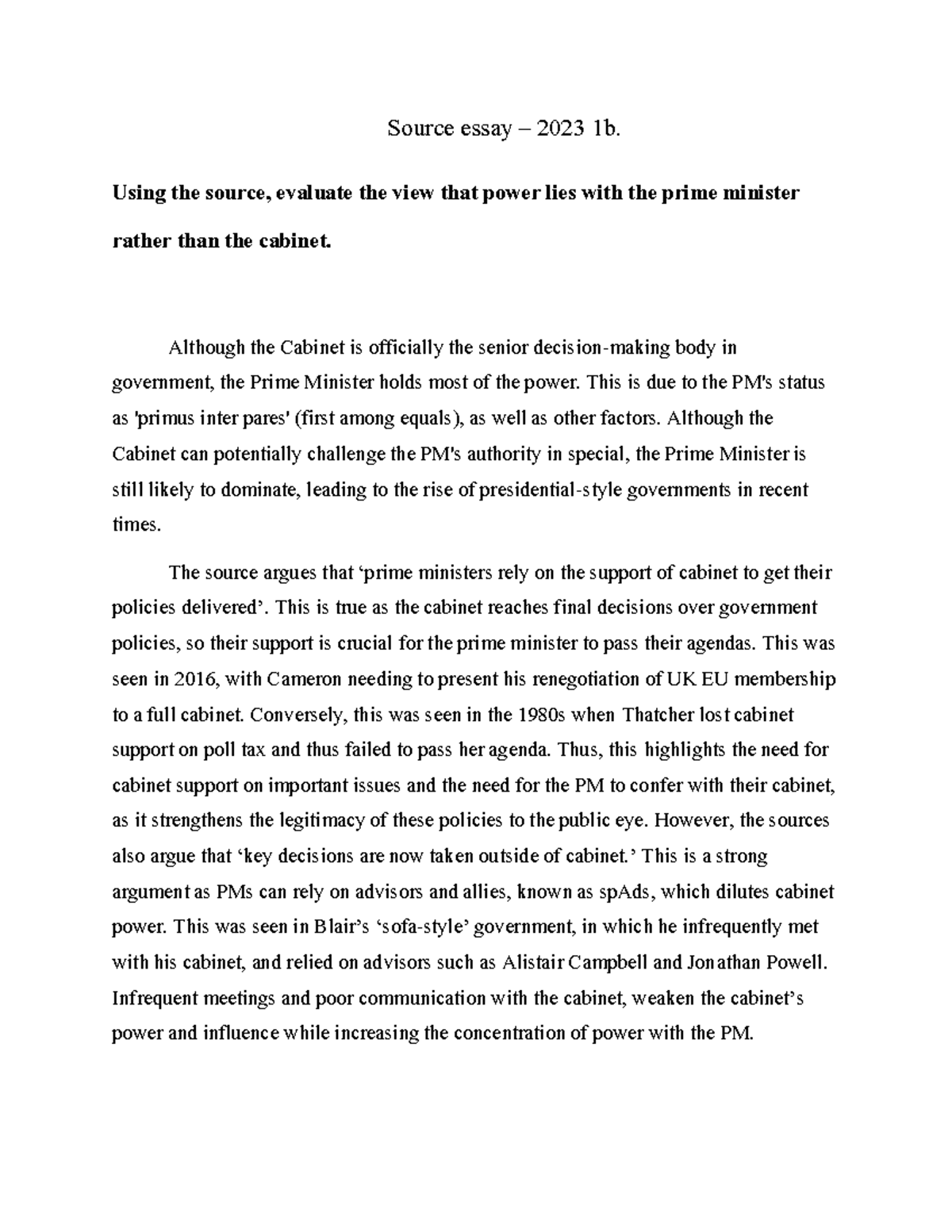 PM and Cabinet Power Dynamics: Evaluating the Source Essay 2023 1b ...