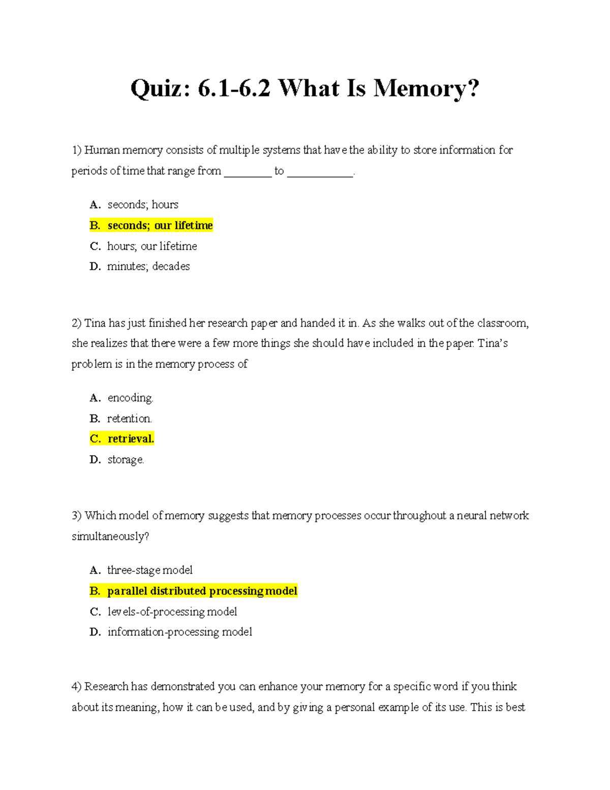 Quiz 6.1-6.2: Understanding Human Memory Systems and Models - Studocu