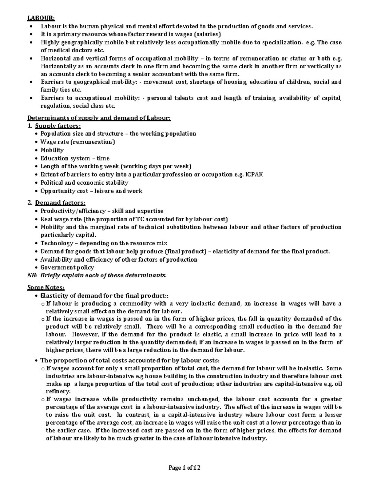 Labour Notes: Key Concepts in Economic Production and Mobility - Studocu