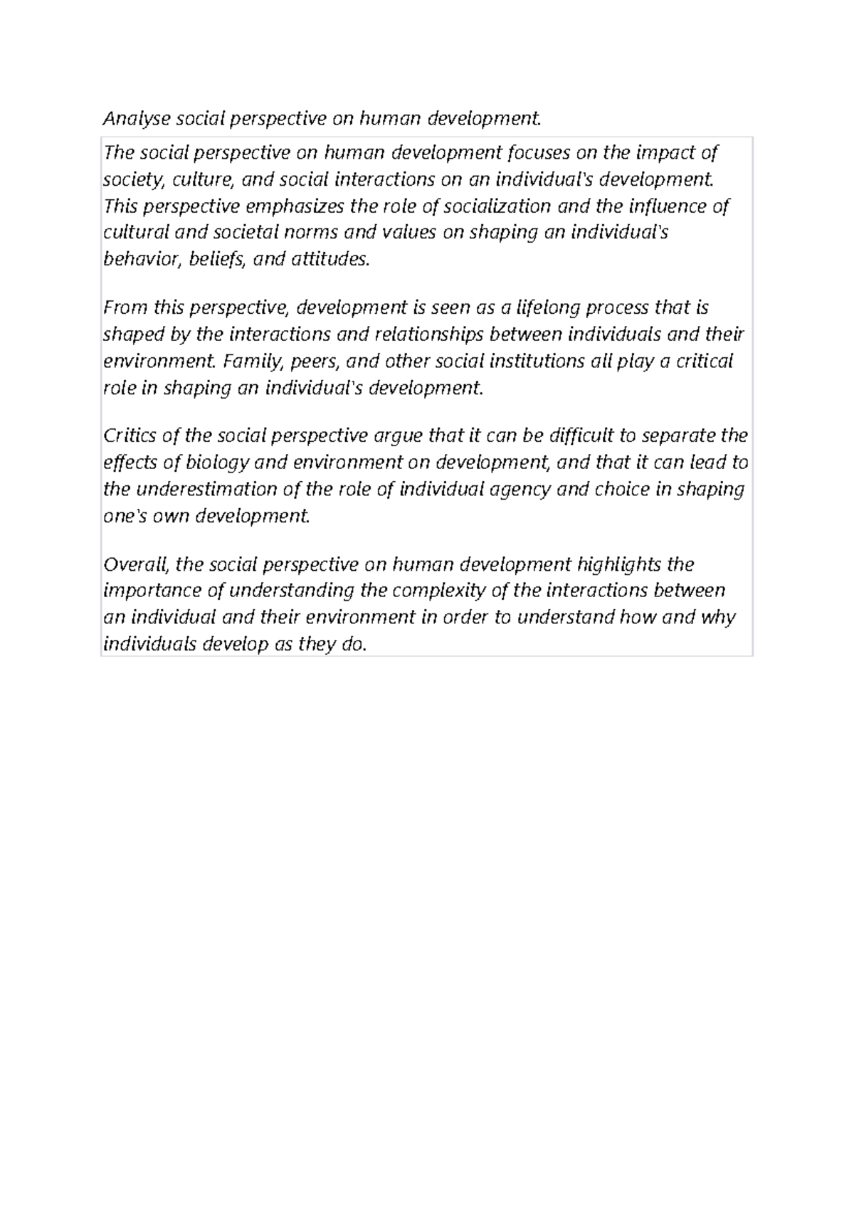 Analyzing the Social Perspective on Human Development - Studocu