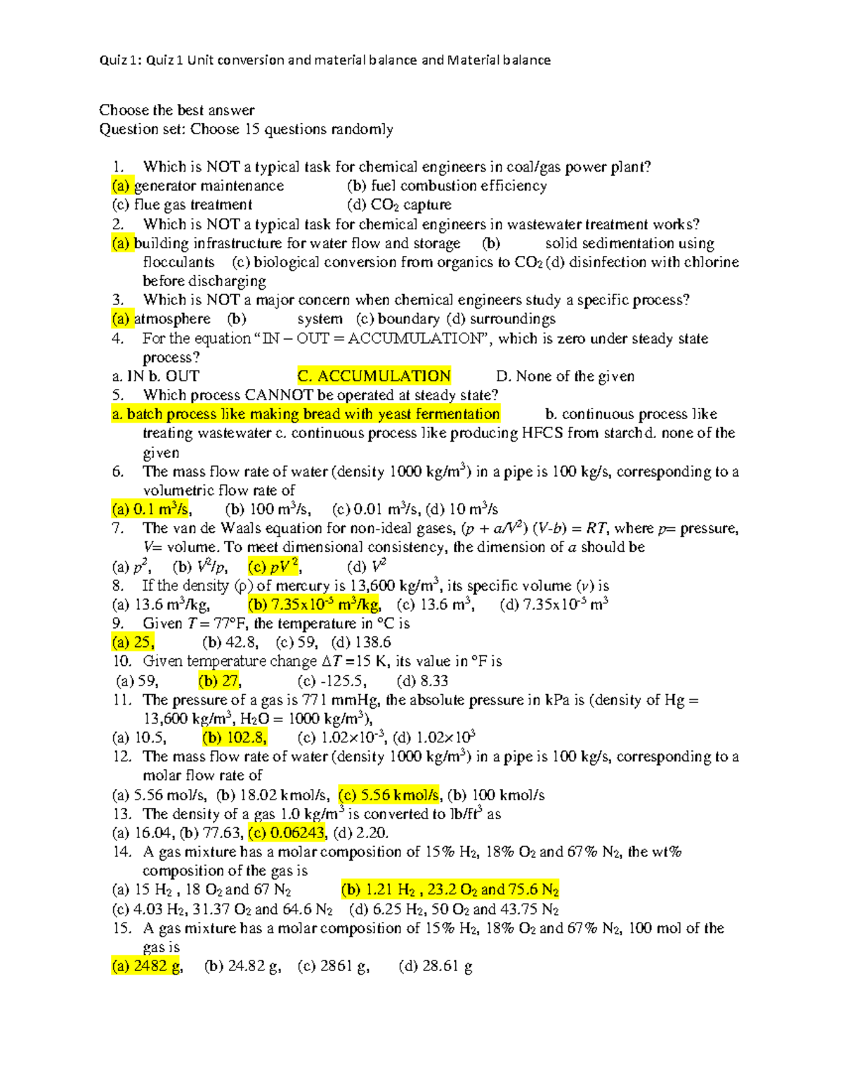 Quiz 1 Unit conversion and material balance 2024 - Quiz 1: Quiz 1 Unit ...