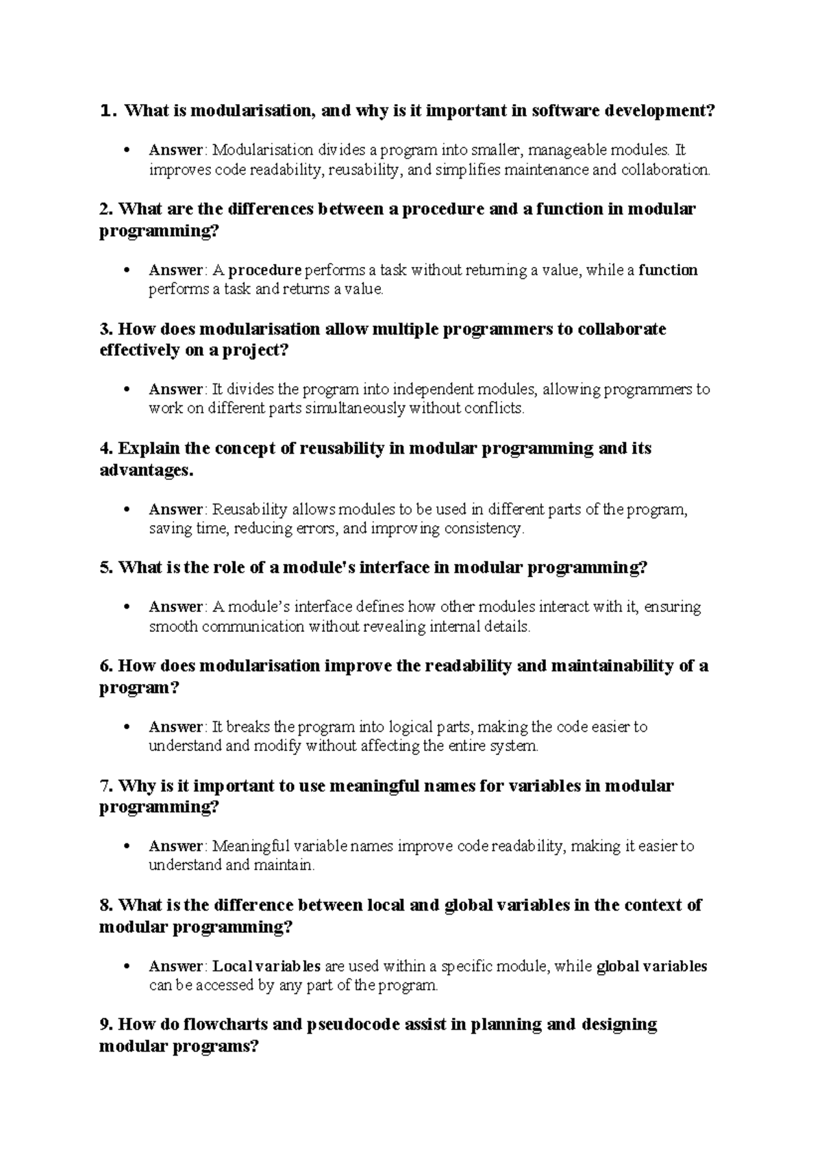 CS101: Modularisation in Software Development - Class Questions - Studocu