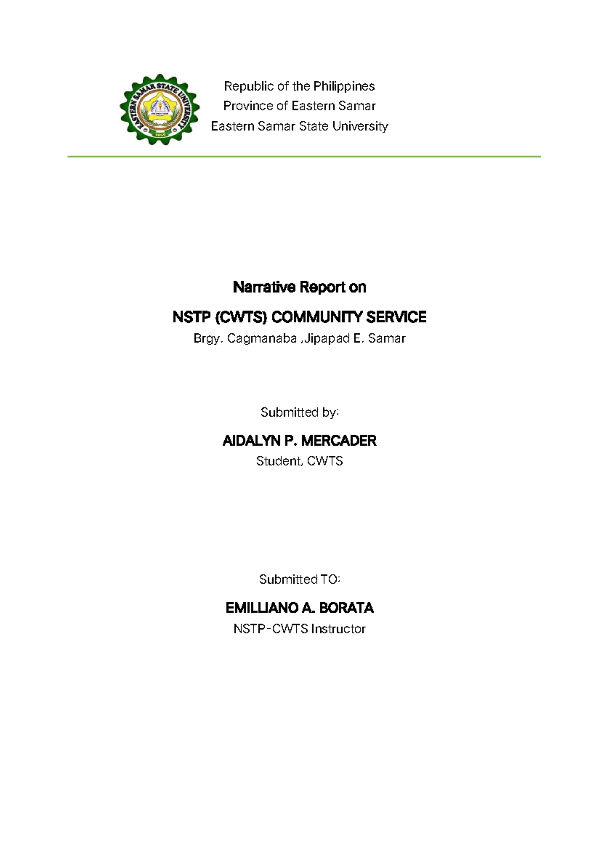 Narrative Report on NSTP (CWTS) Community Service - Eastern Samar State ...