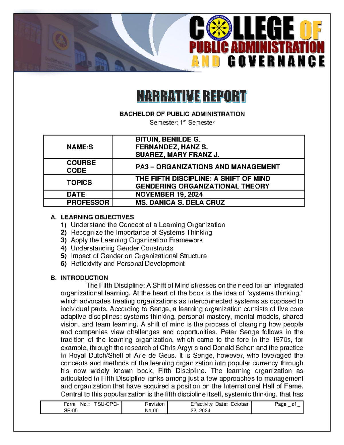 PA3 Narrative Report Group 17 1 - Form No.: TSU-CPG- Revision ...
