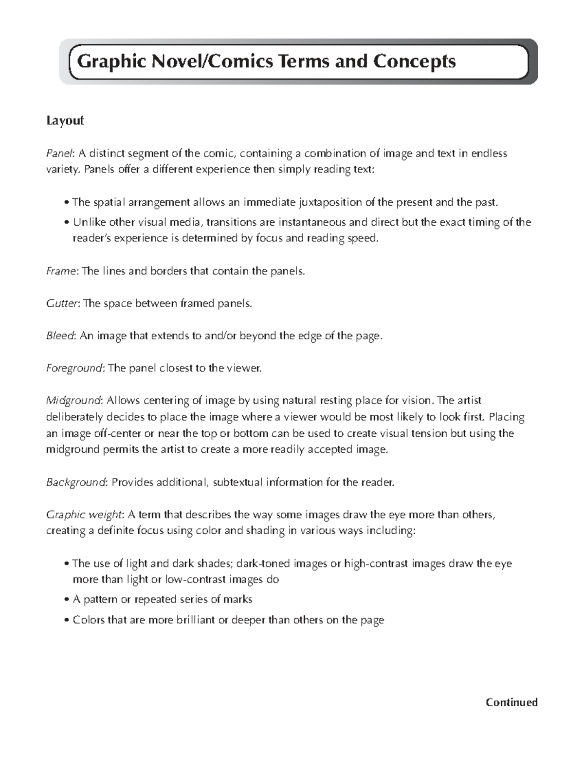 Graphic Novel Terms: Key Concepts and Definitions - Studocu
