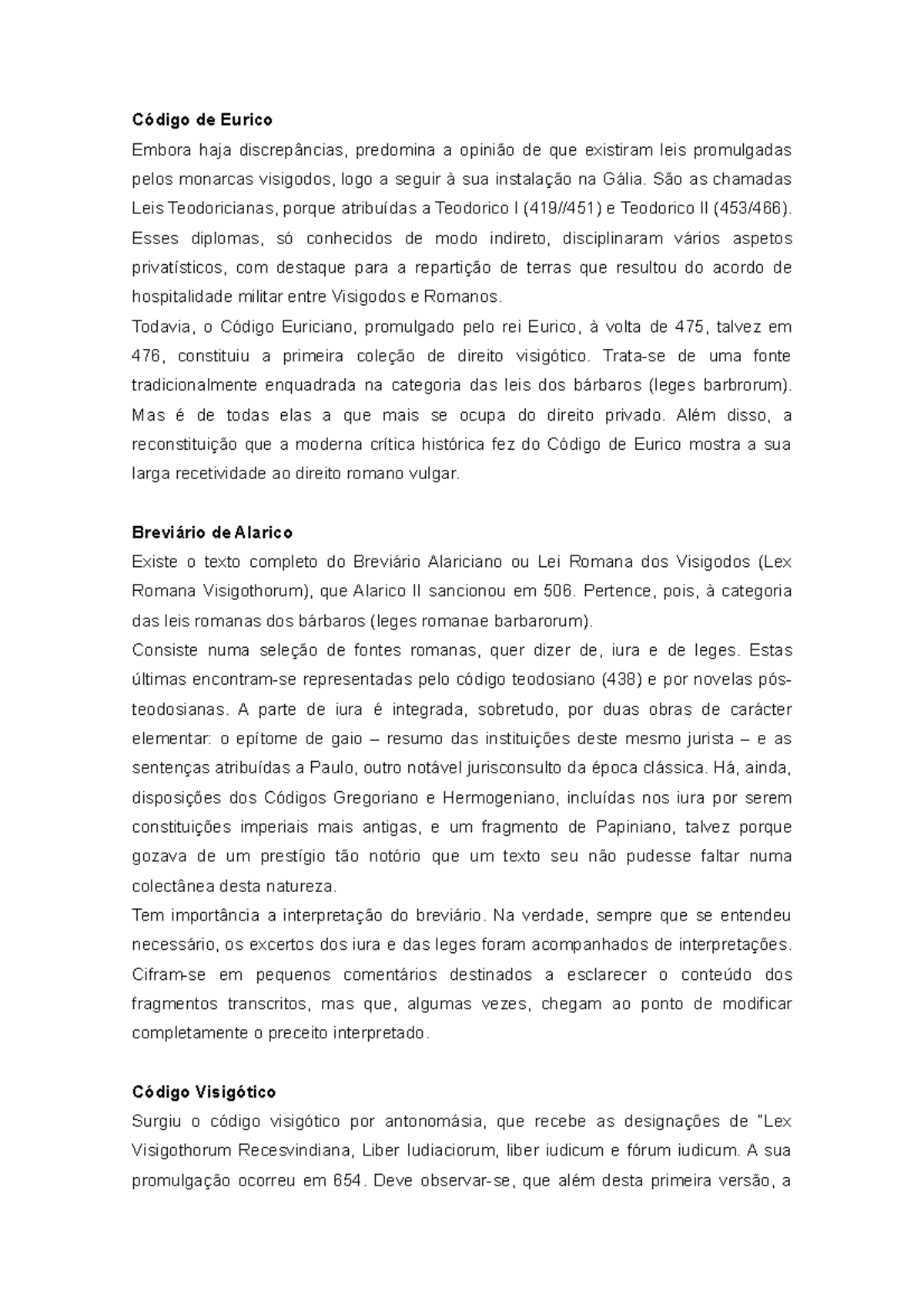 Resumo do Código de Eurico e o Direito Português - História do Direito ...