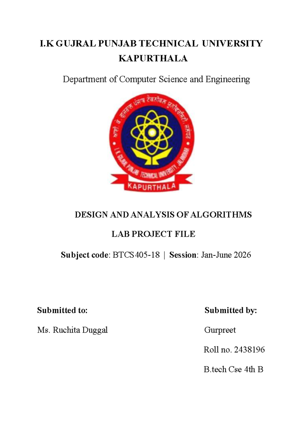 DAA 196 - Design and Analysis of Algorithms Lab Project Report - Studocu