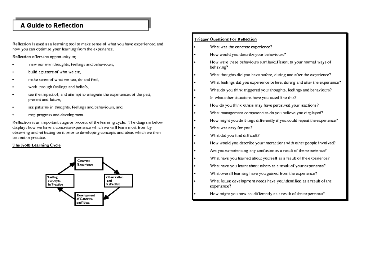 Guide to reflection - Reflection is used as a learning tool to make ...