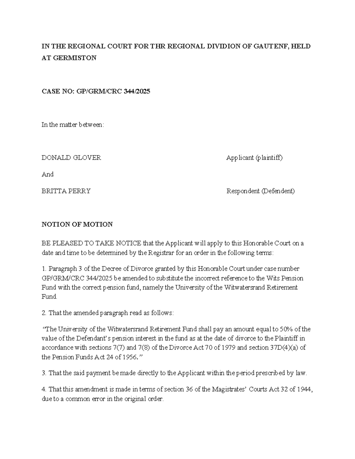 Founding Affidavit for Case No: Divorce Decree Amendment - Studocu