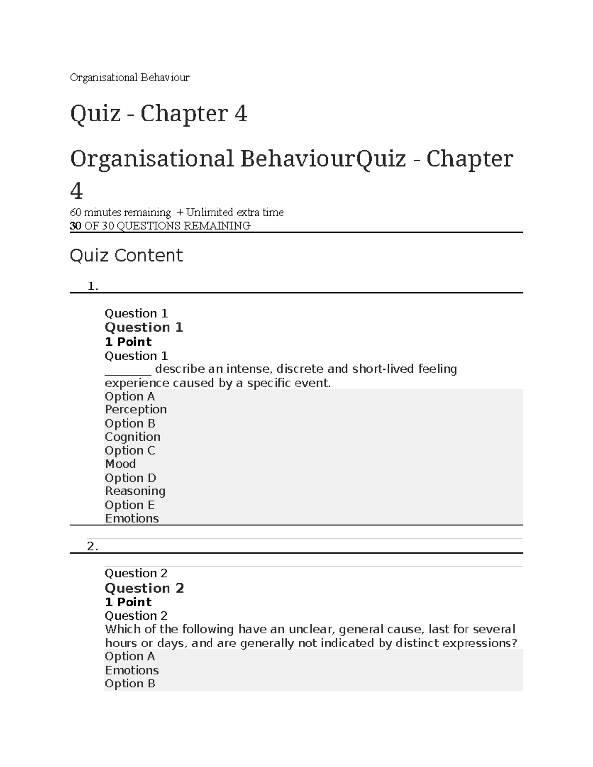 Organisational Behaviour Quiz (OB 101) - Chapter 4 Review - Studocu