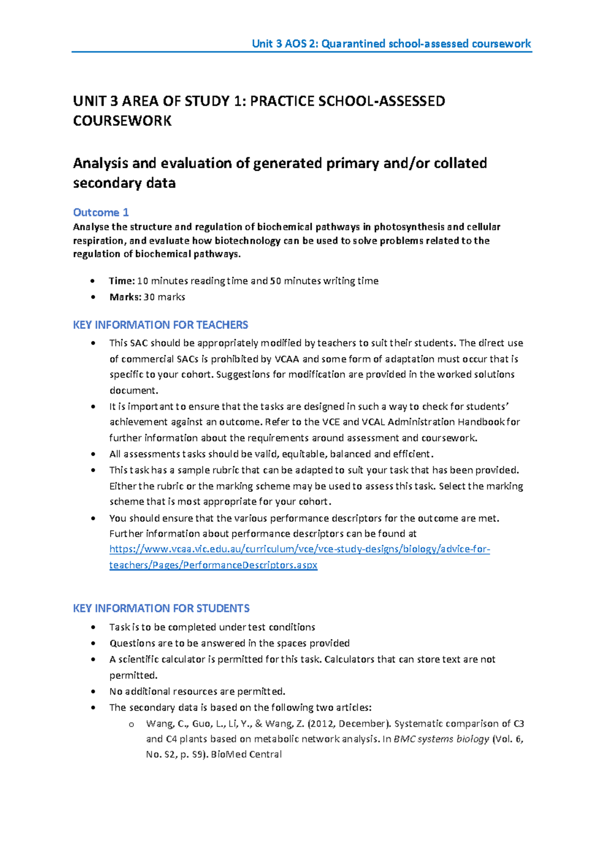 U3 AOS2 Biochemical Pathways Practice SAC 2 Notes and Analysis - Studocu