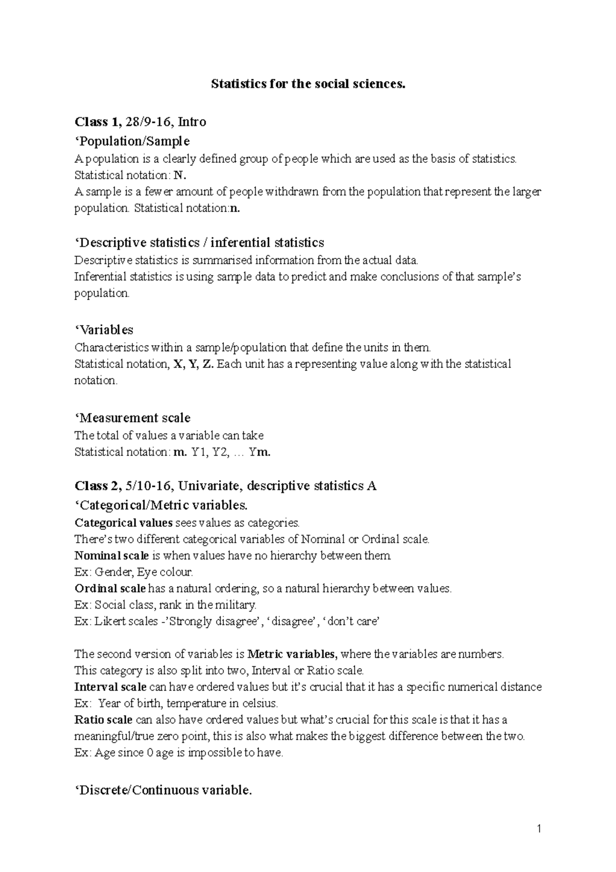 Summary of Statistics for Social Sciences (SSS 101) - Key Concepts ...