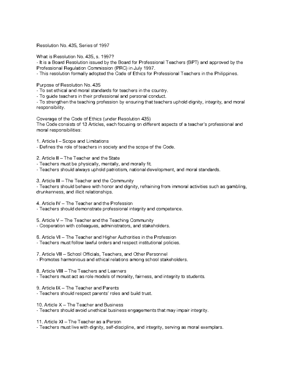 Resolution No. 435, s. 1997: Code of Ethics for Teachers Explained ...
