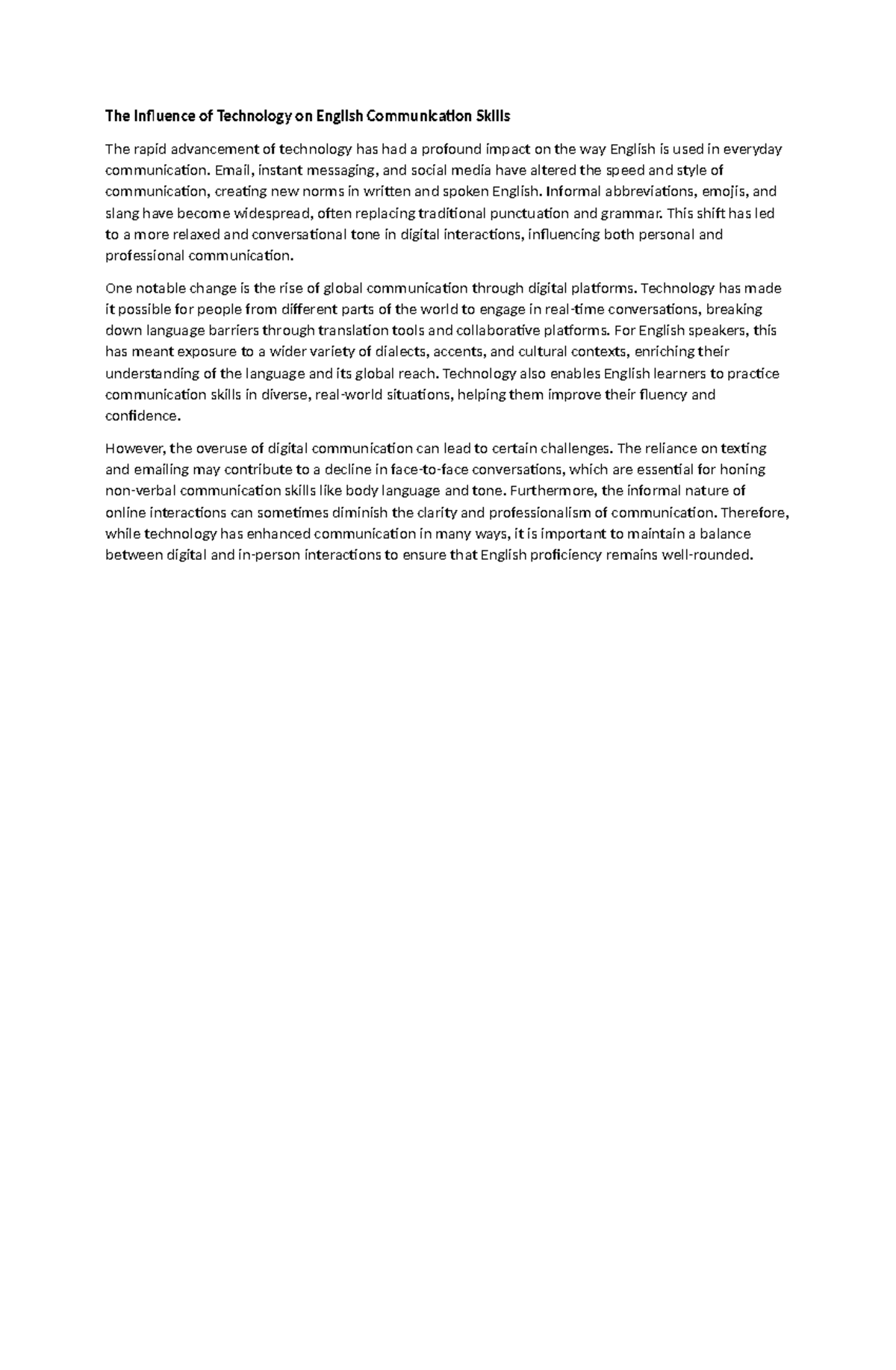 ENG 101: The Impact of Technology on English Communication Skills - Studocu