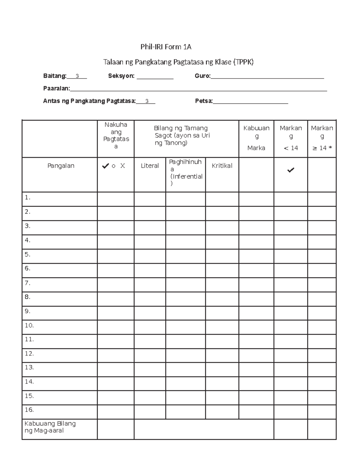 Phil-IRI Form 1A - Class Assessment Tally for Grades 3 to 6 - Studocu