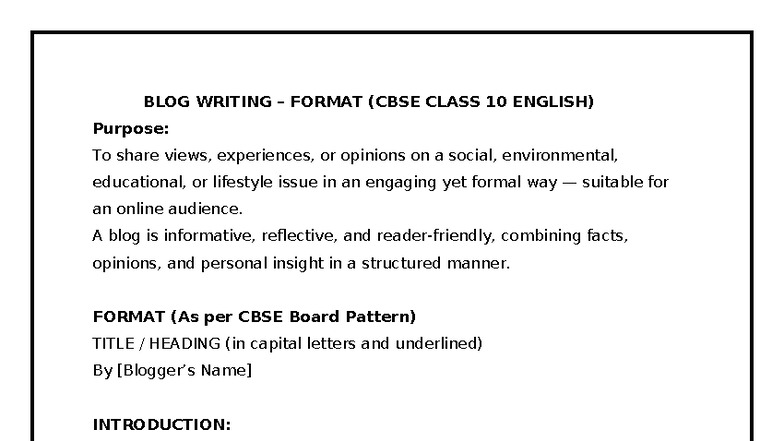 BLOG WRITING FORMAT GUIDE (CBSE CLASS 10 ENGLISH) - Studocu