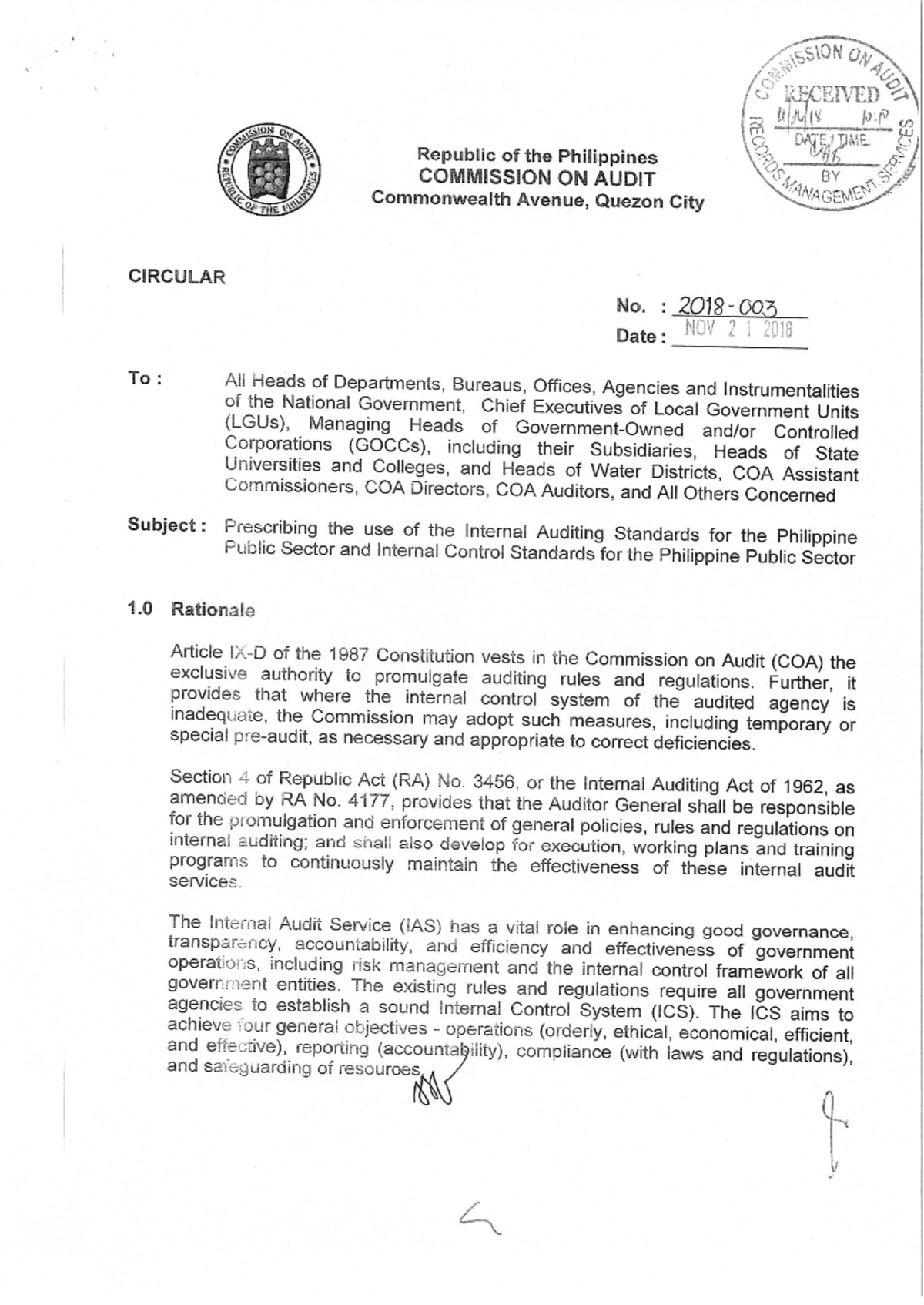 COA Circular No. 2018-01: Internal Auditing & Control Standards - Studocu