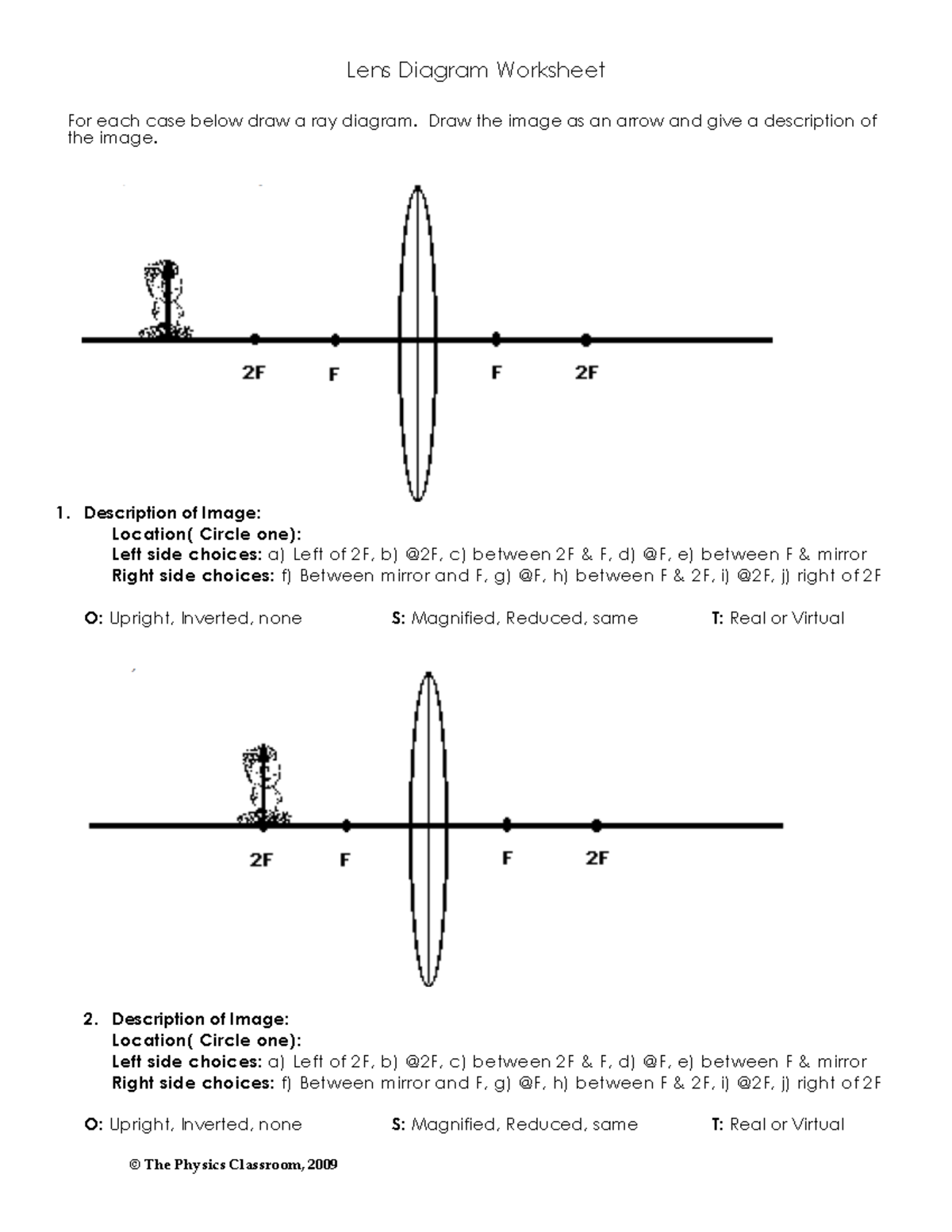 Physics 101: Lens Diagram Worksheet with Ray Images and Descriptions ...
