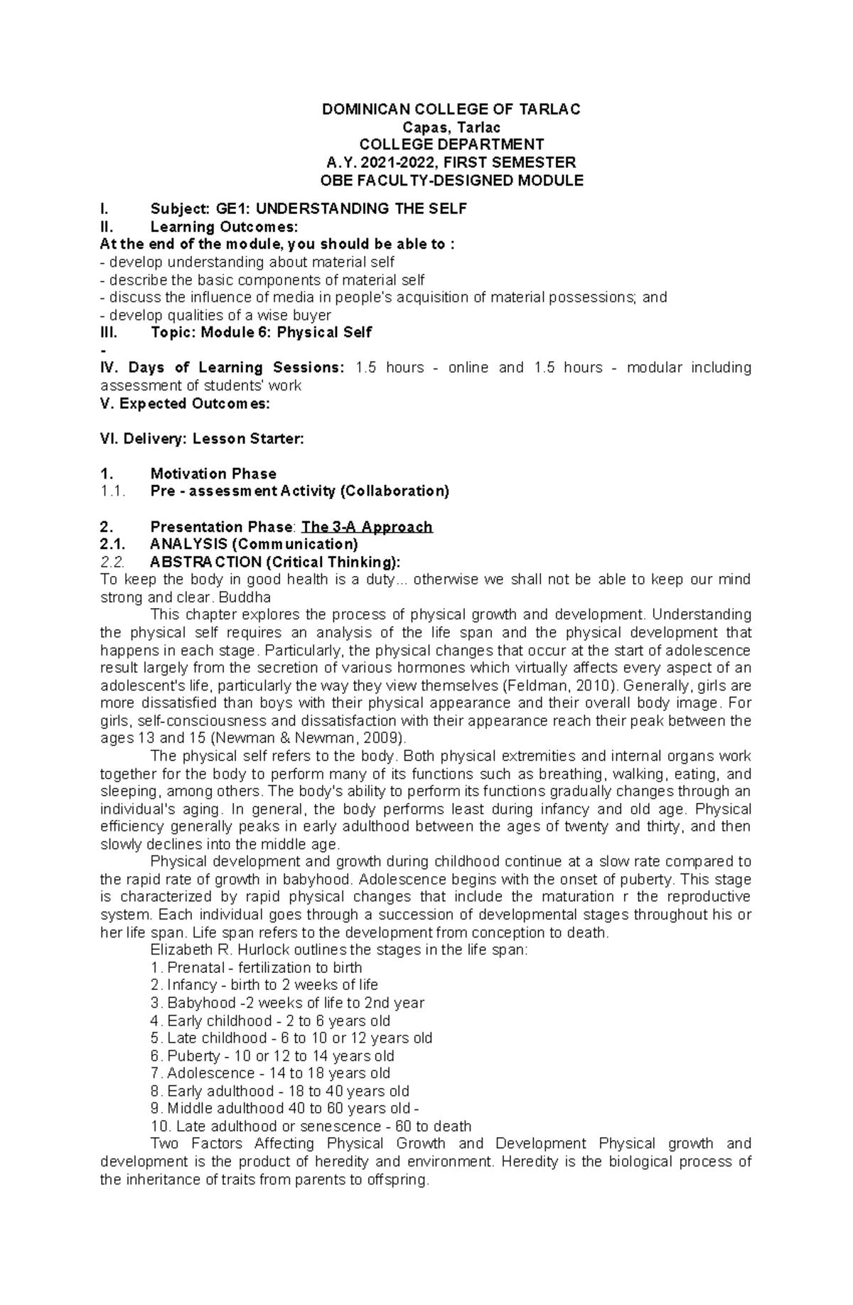 Module 9 THE Spiritual SELF - GE 1- UNDERSTANDING THE SELF I. Lesson: The Spiritual Self II ...