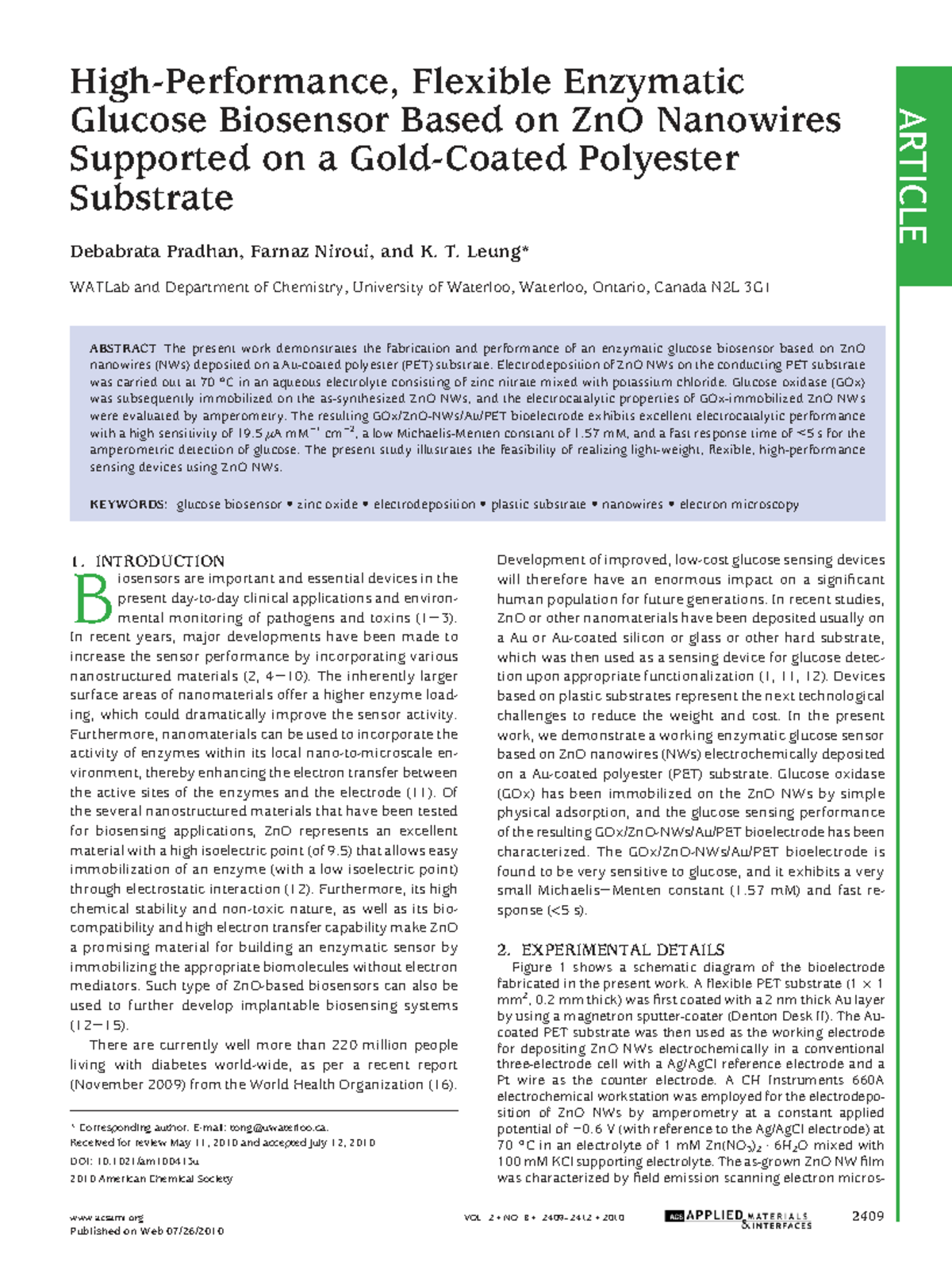 Flexible Enzymatic Glucose Biosensor Using ZnO NWs on PET Substrate ...