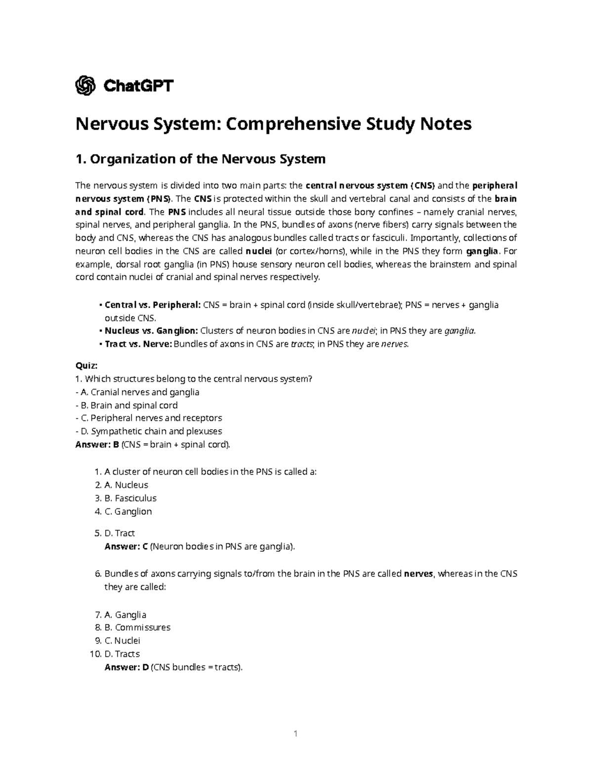 Nervous System (BIO101): Detailed Study Notes and Quizzes - Studocu
