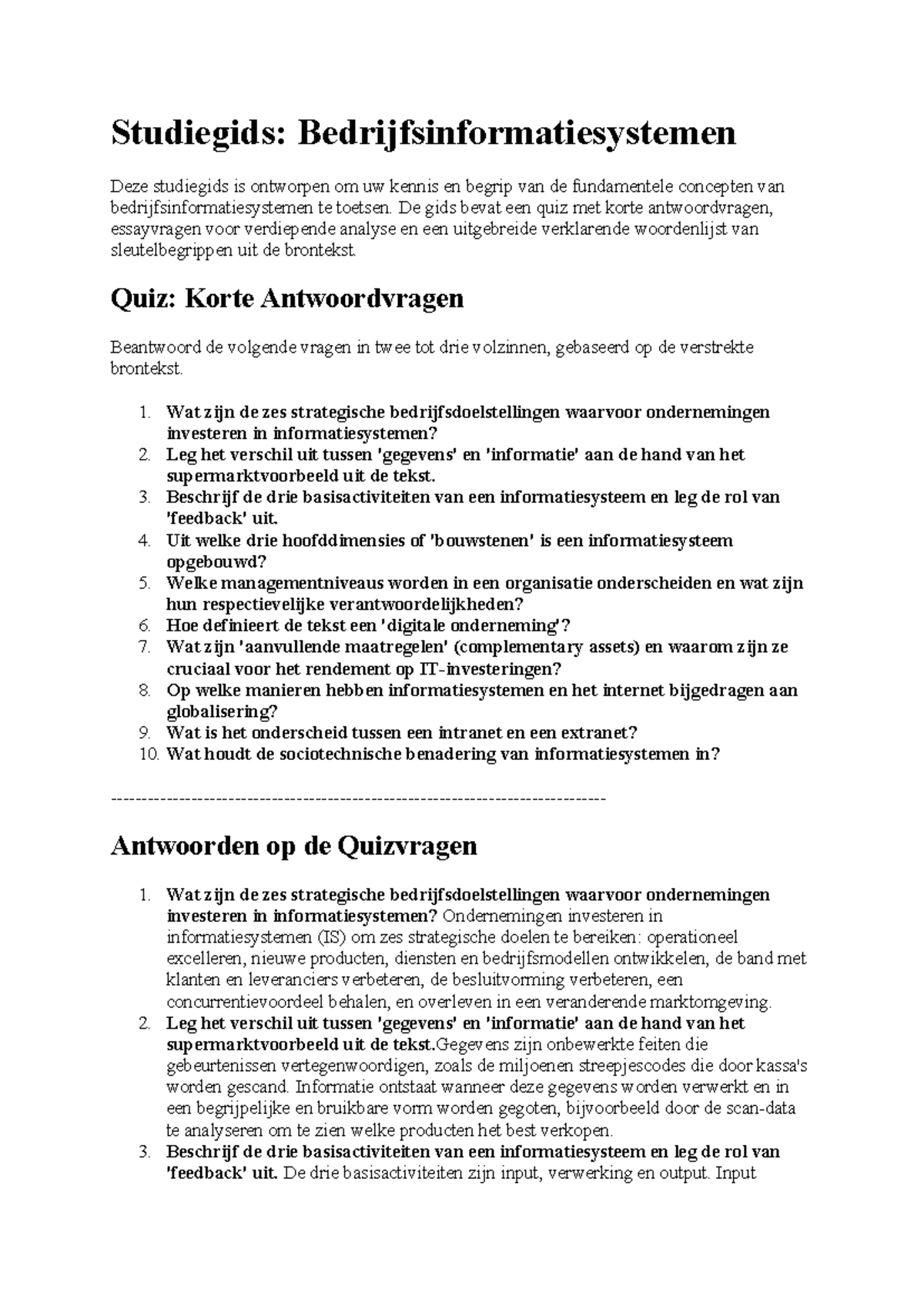 HS 1 - Studiegids Bedrijfsinformatiesystemen: Quiz en Essayvragen ...