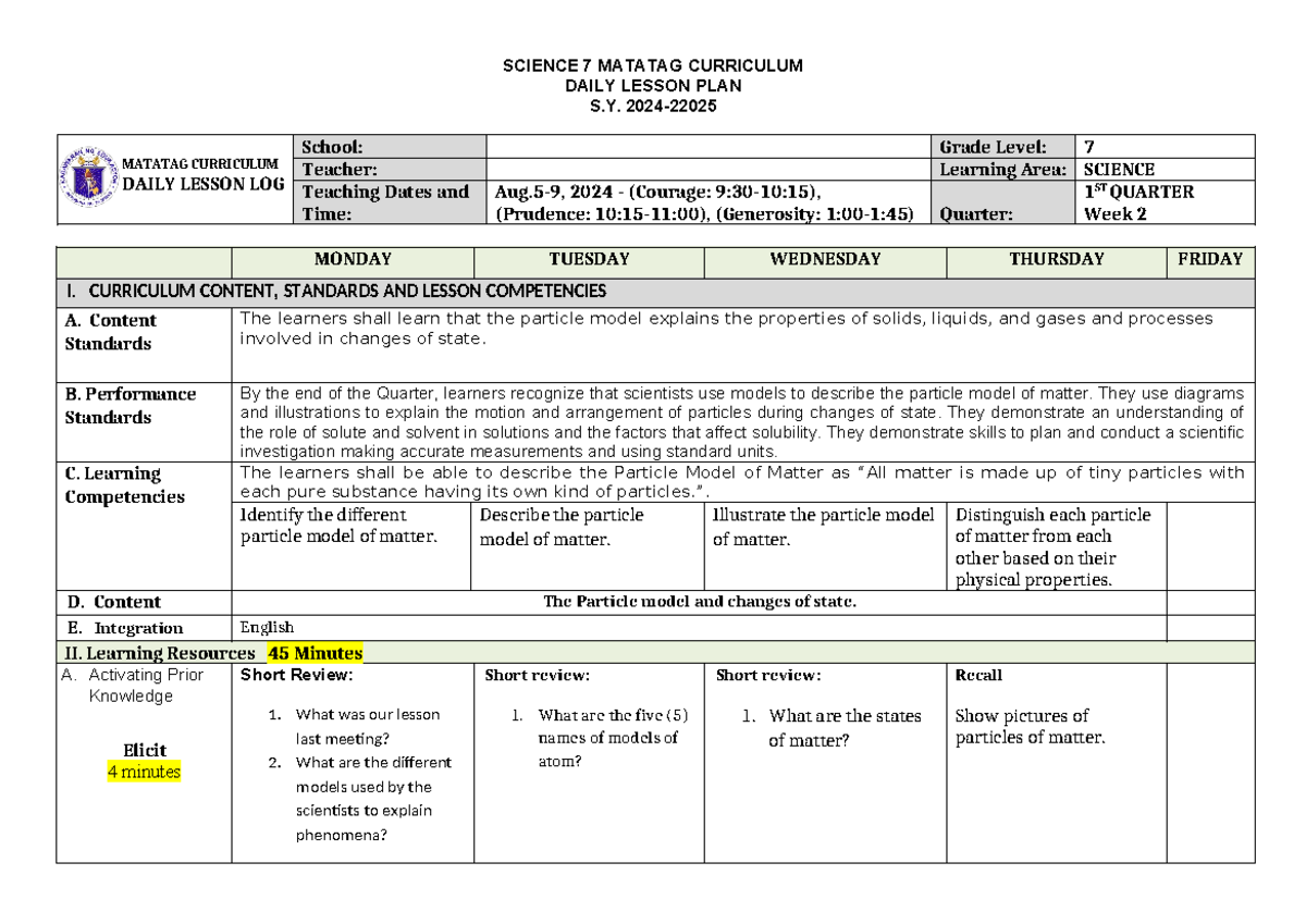 DLL Science-7 Q1 W2 - Daily Lesson Log for Science 7 Week 2 - Studocu