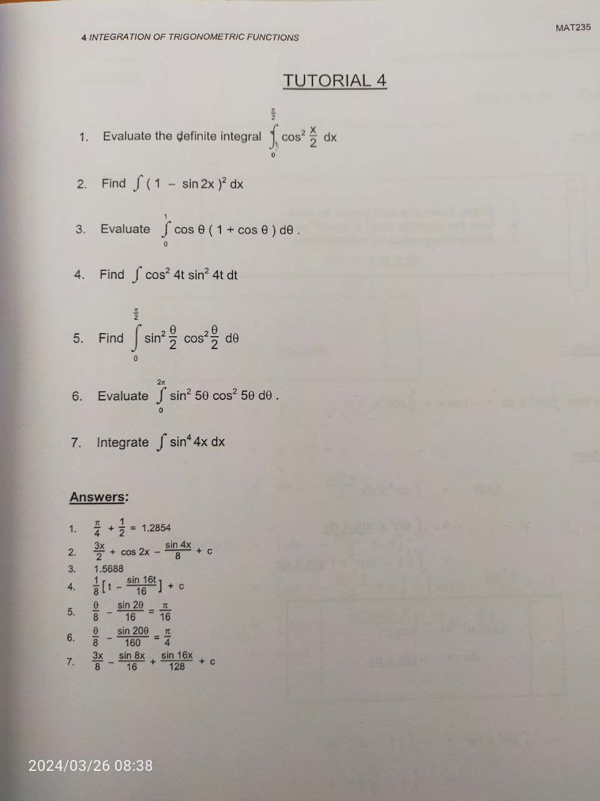 MAT235 Tutorial 4 & 5: Integration of Trigonometric Functions - Studocu