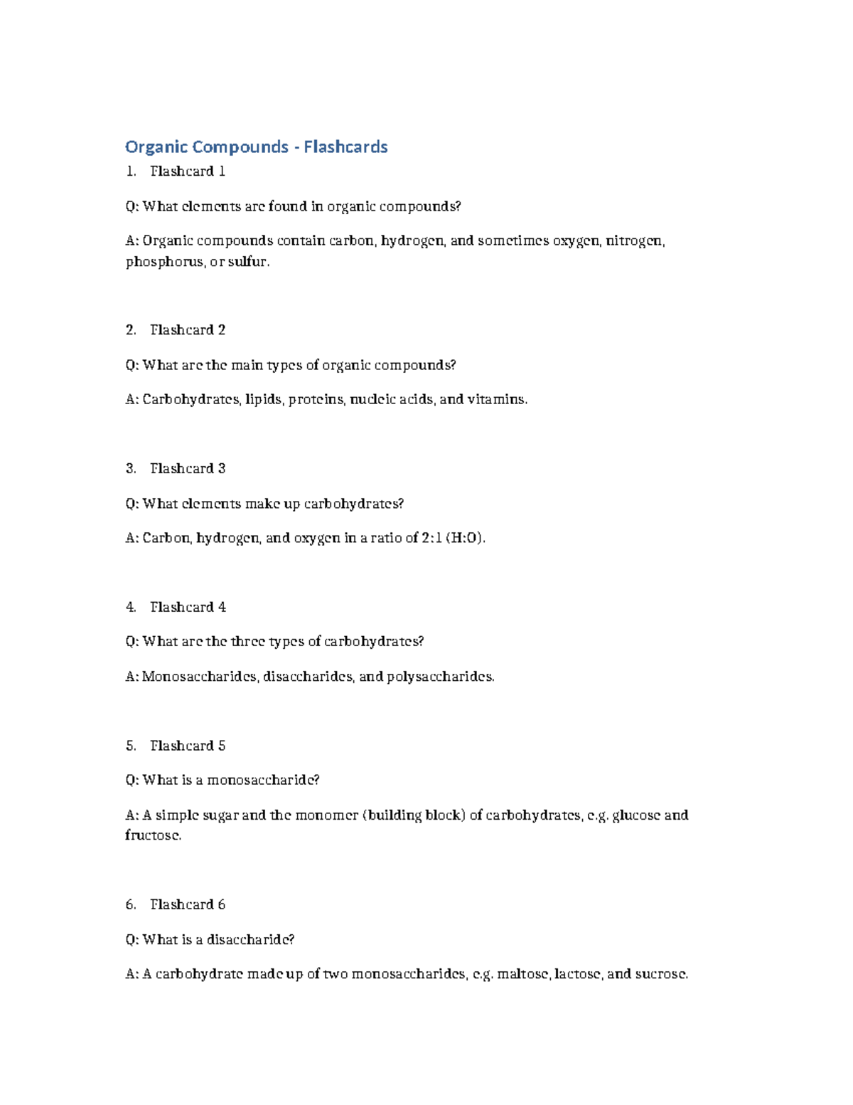 Organic Compounds Flashcards: Key Concepts & Definitions - Studocu
