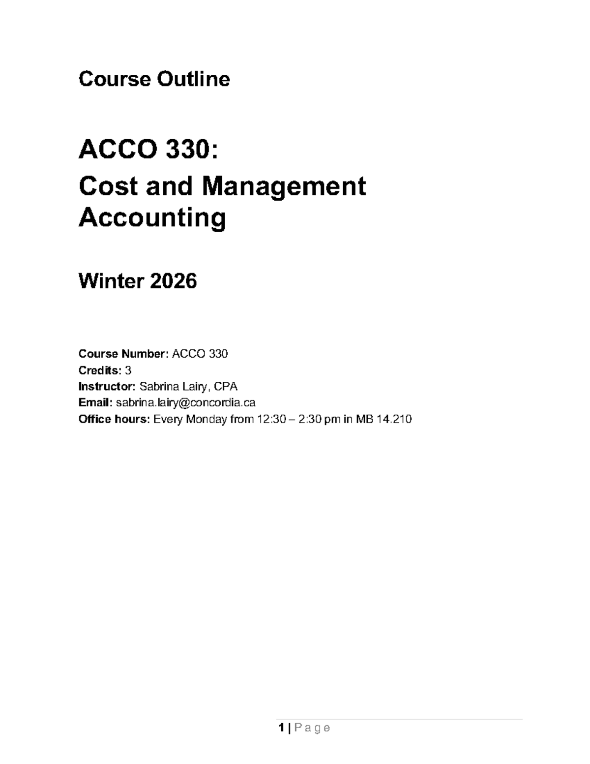 ACCO 330: Cost & Management Accounting Course Outline - Winter 2026 ...