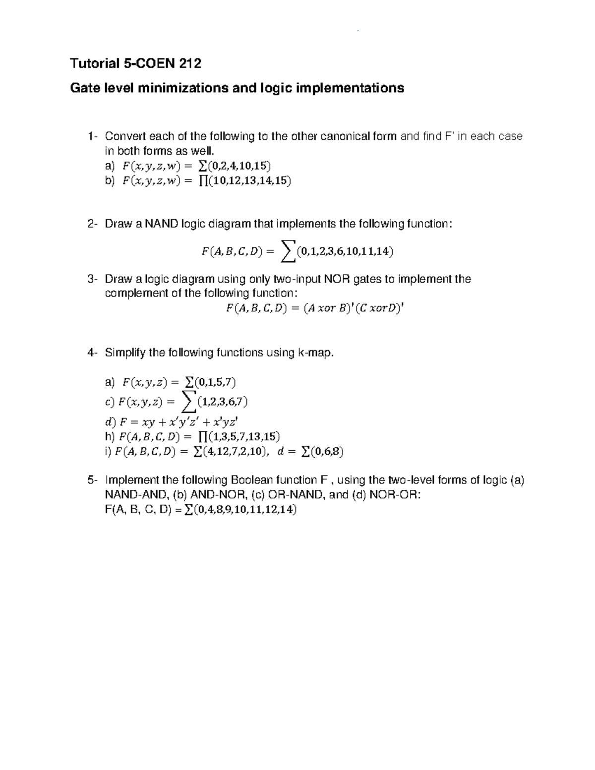 Tutorial 5 - Tutorial 5 - COEN 212 Gate level minimizations and logic ...