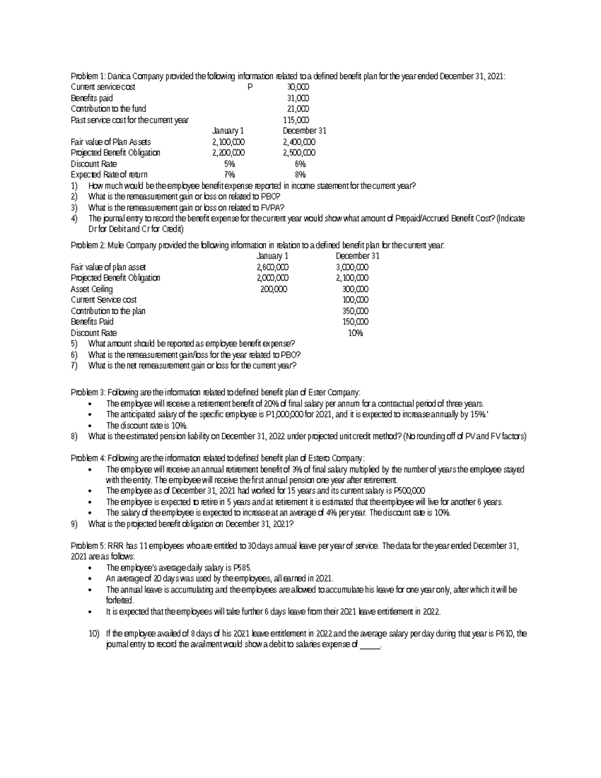 Defined benefit plan analysis and employee benefit expense calculations ...