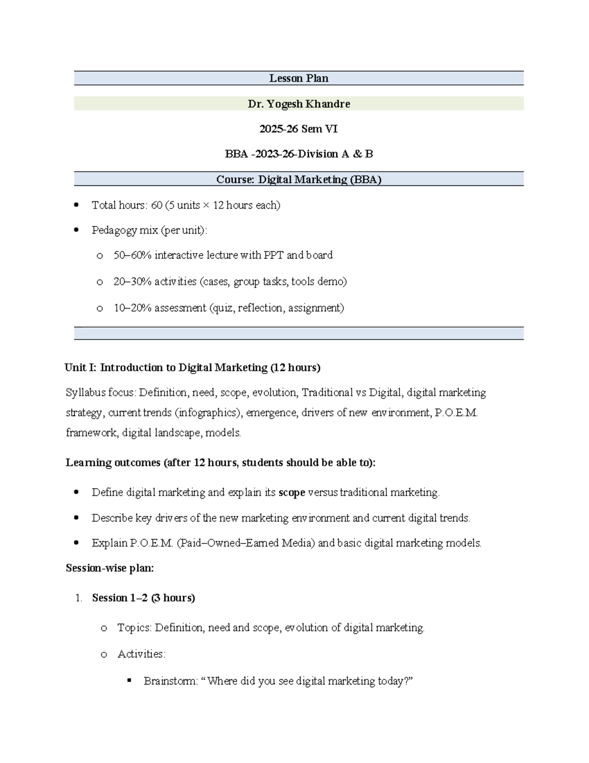 Lesson Plan: Digital Marketing (BBA Sem VI) - Dr. Yogesh Khandre - Studocu