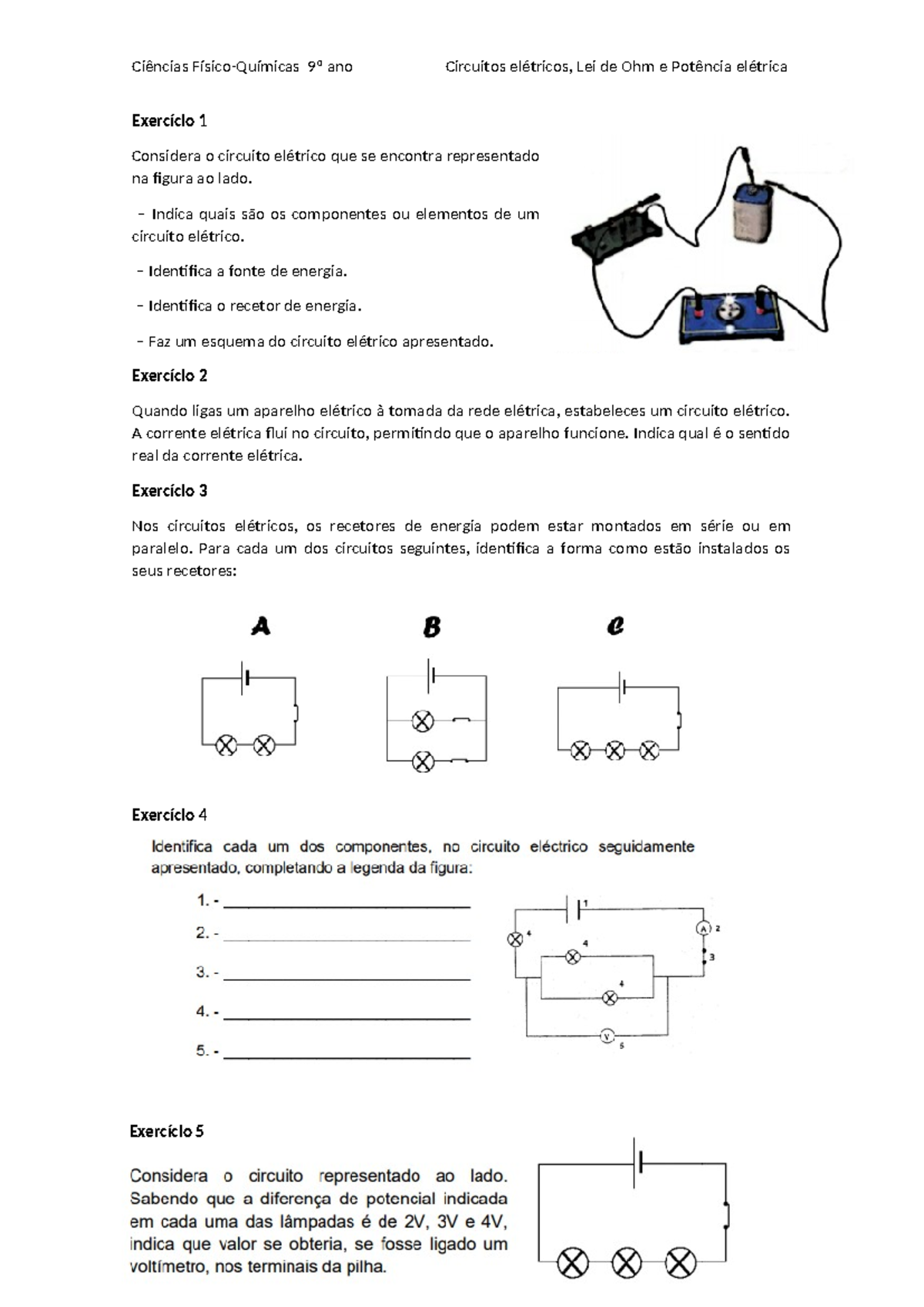 Ciências 9º ano: Circuitos Elétricos e Lei de Ohm - Exercícios - Studocu