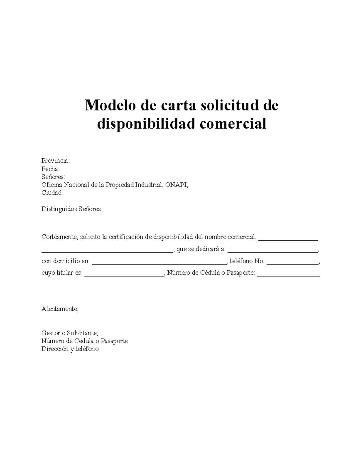 1.2 Carta solicitud Onapi - Modelo de carta solicitud de disponibilidad ...