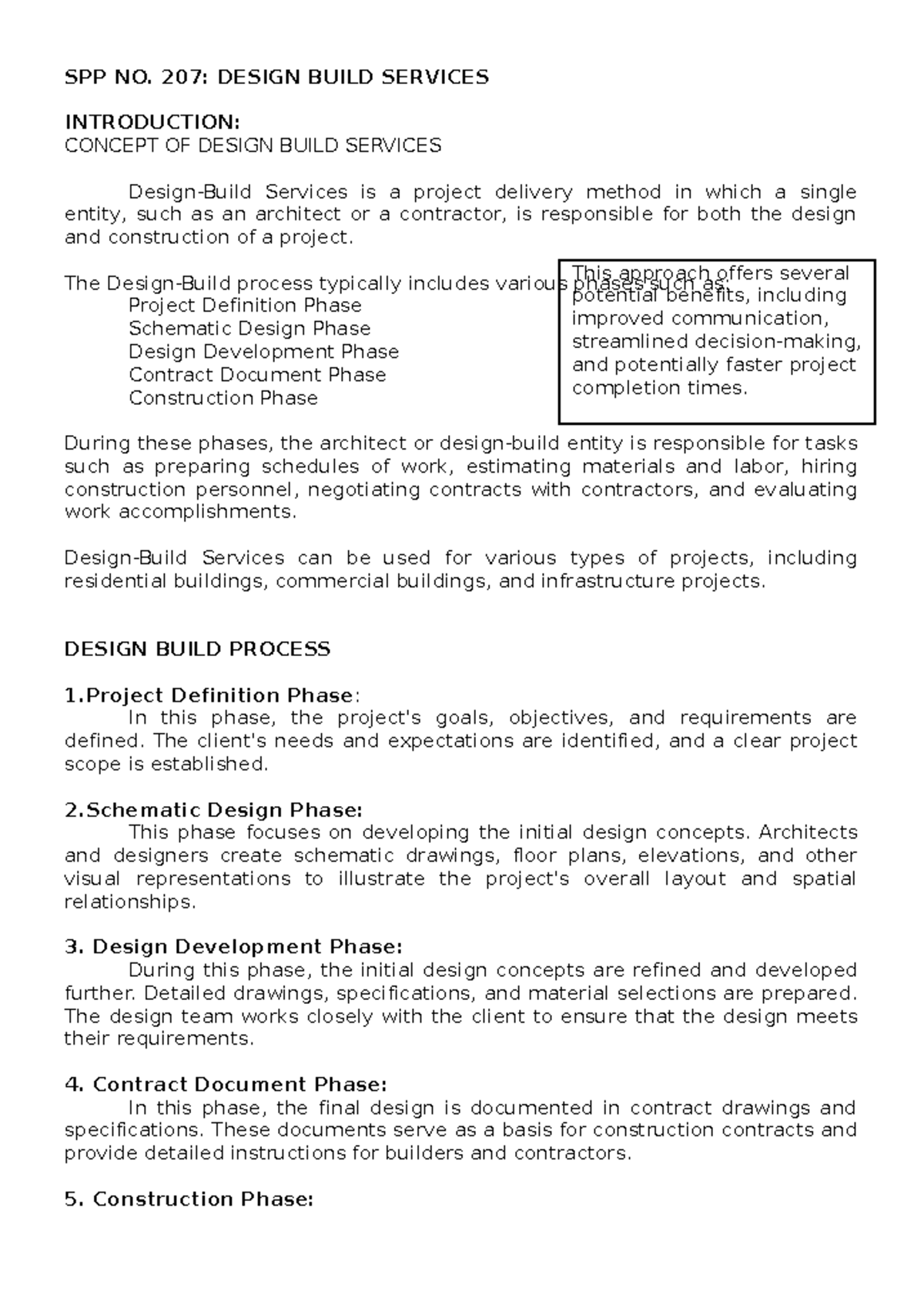 SPP No. 207: Overview of Design-Build Services Process - Studocu