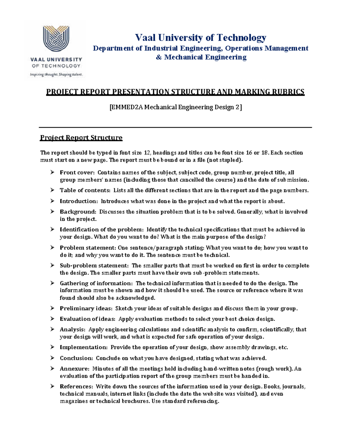 Mechanical Engineering Design Project Report Structure & Rubric - Studocu