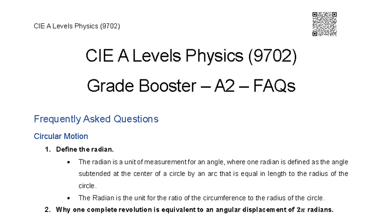 CIE A Levels Physics (9702) A2 Grade Booster FAQs on Key Concepts - Studocu