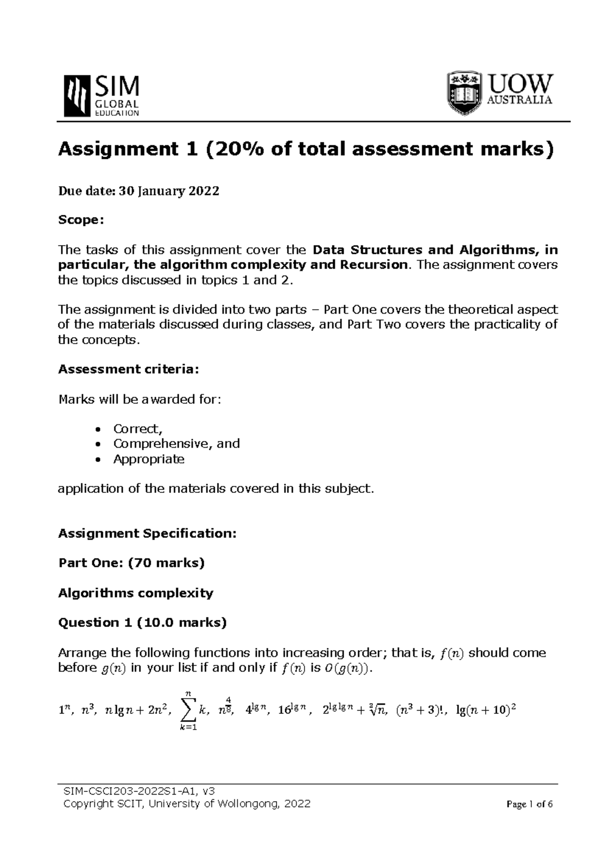 Algorithms and Data Structures Assignment 1 - SIM-CSCI203- 202 2S1-A1 ...