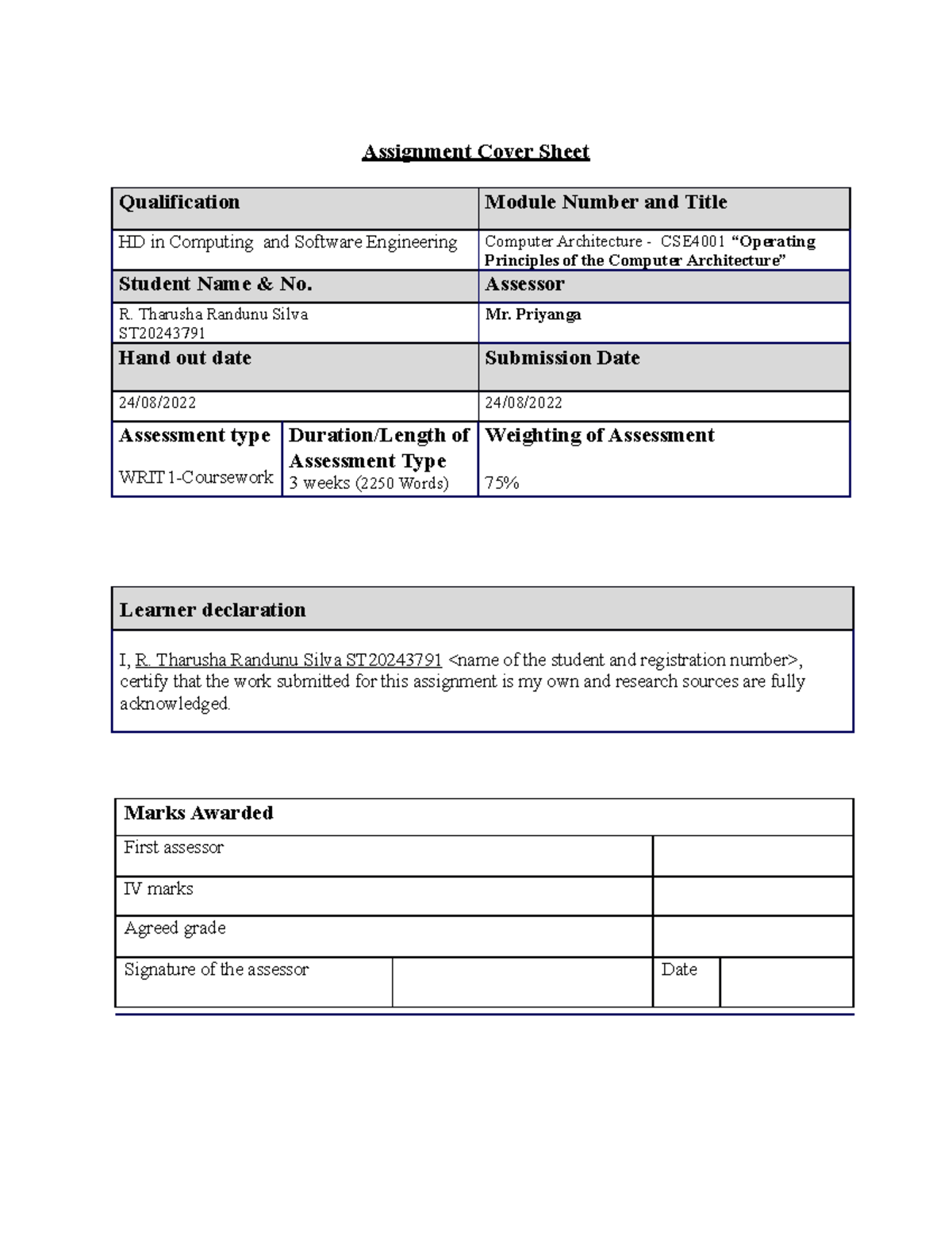 Computer Architecture ST20243791 - Assignment Cover Sheet Qualification ...