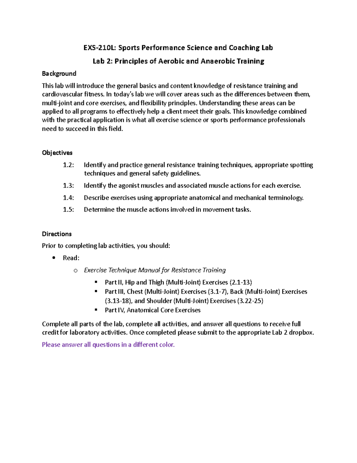 EXS 250L Lab 2 - Principles of Aerobic and Anaerobic Training - EXS ...