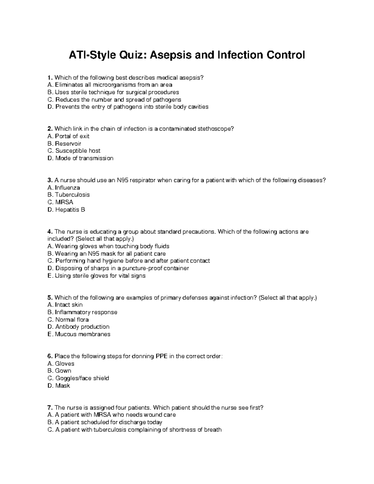ATI Asepsis & Infection Control Quiz: Key & Answers - Studocu