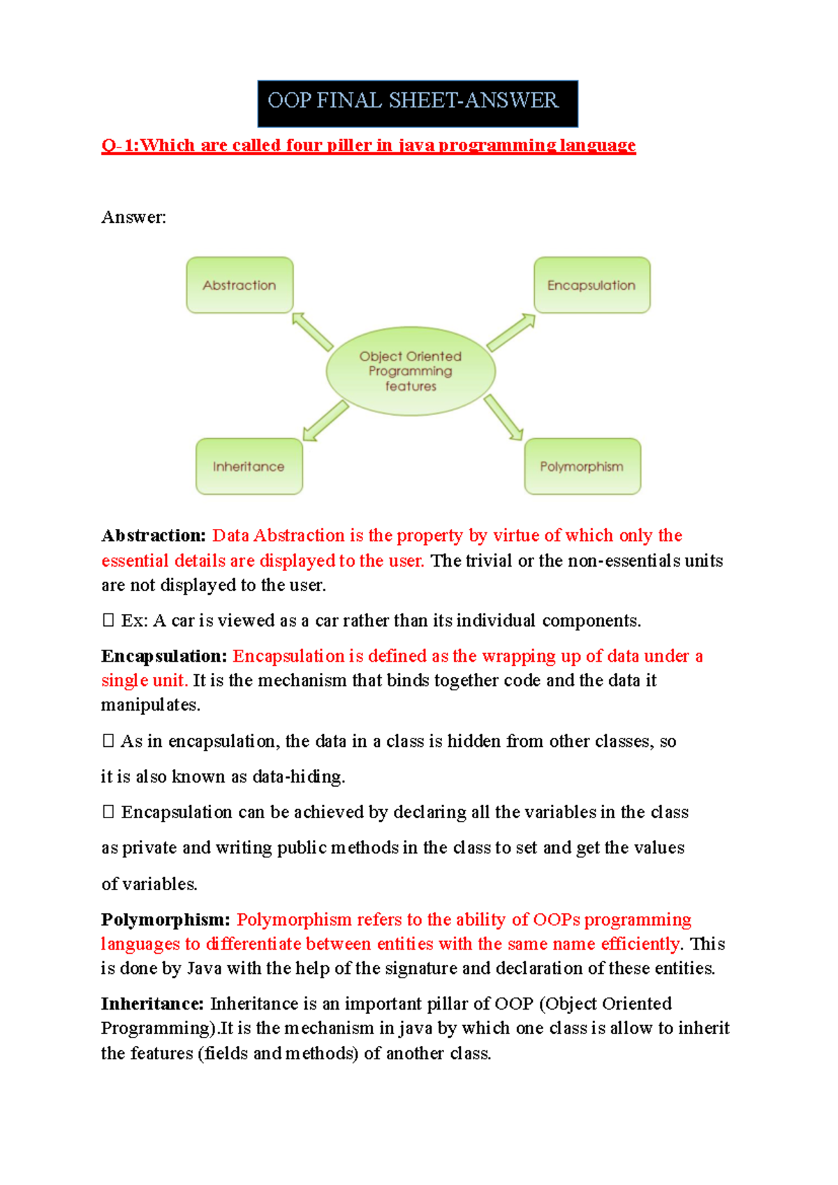 OOP FINAL: Understanding the Four Pillars of Java Programming - Studocu