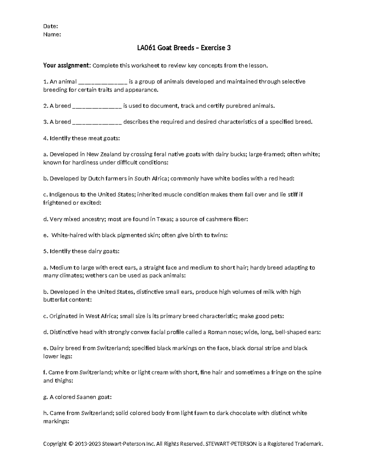 LA061 Goat Breeds - Exercise 3 Worksheet Review - Studocu