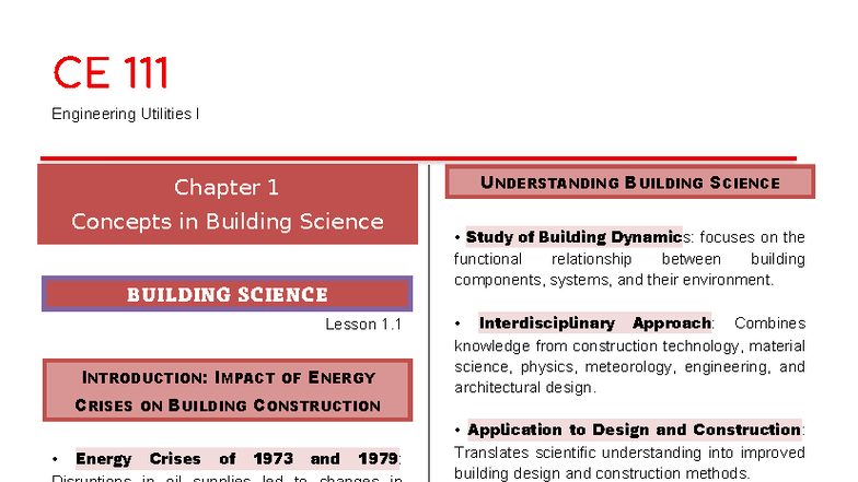 CE 111 - Engineering Utilities I: Building Science Concepts and ...