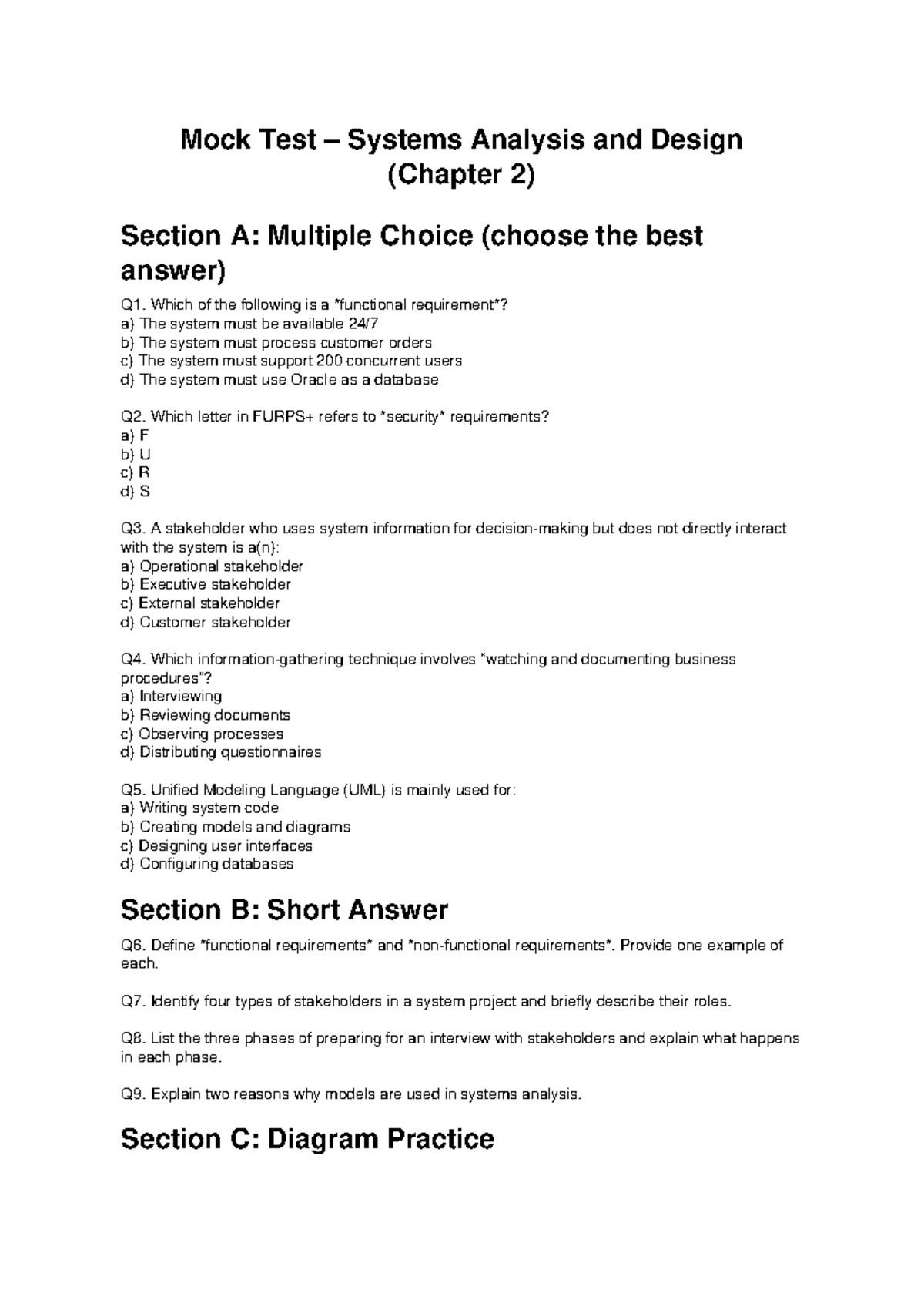 Mock Test: Systems Analysis and Design (Chapter 2) Notes - Studocu
