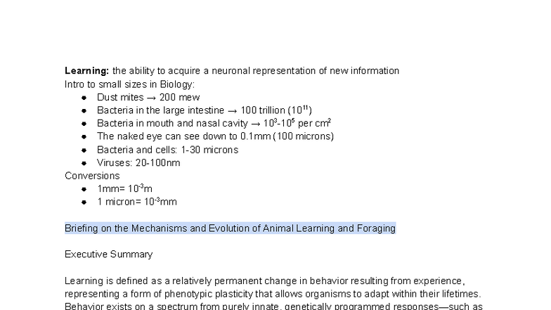 Animal Behavior Notes: Learning Mechanisms and Foraging Strategies (BIO ...