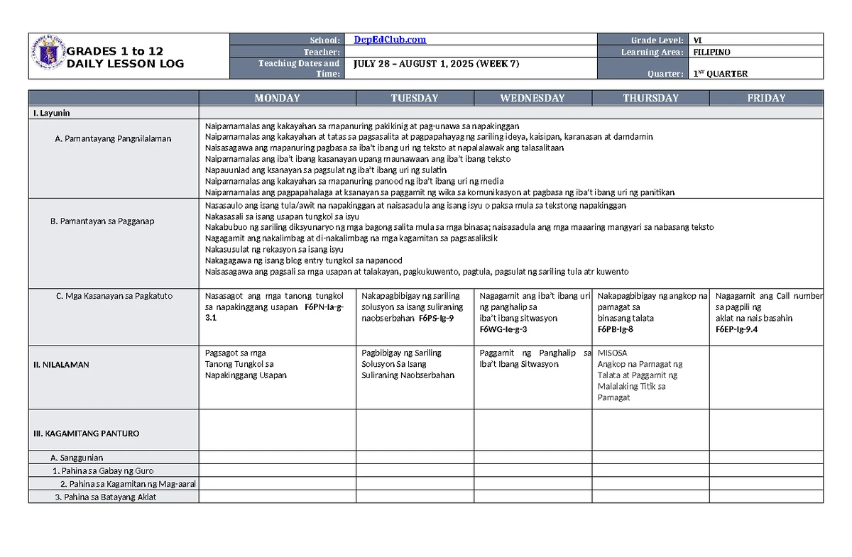 DLL ESP 6 Q1 W7: Daily Lesson Log for Grades 1-12 - Studocu